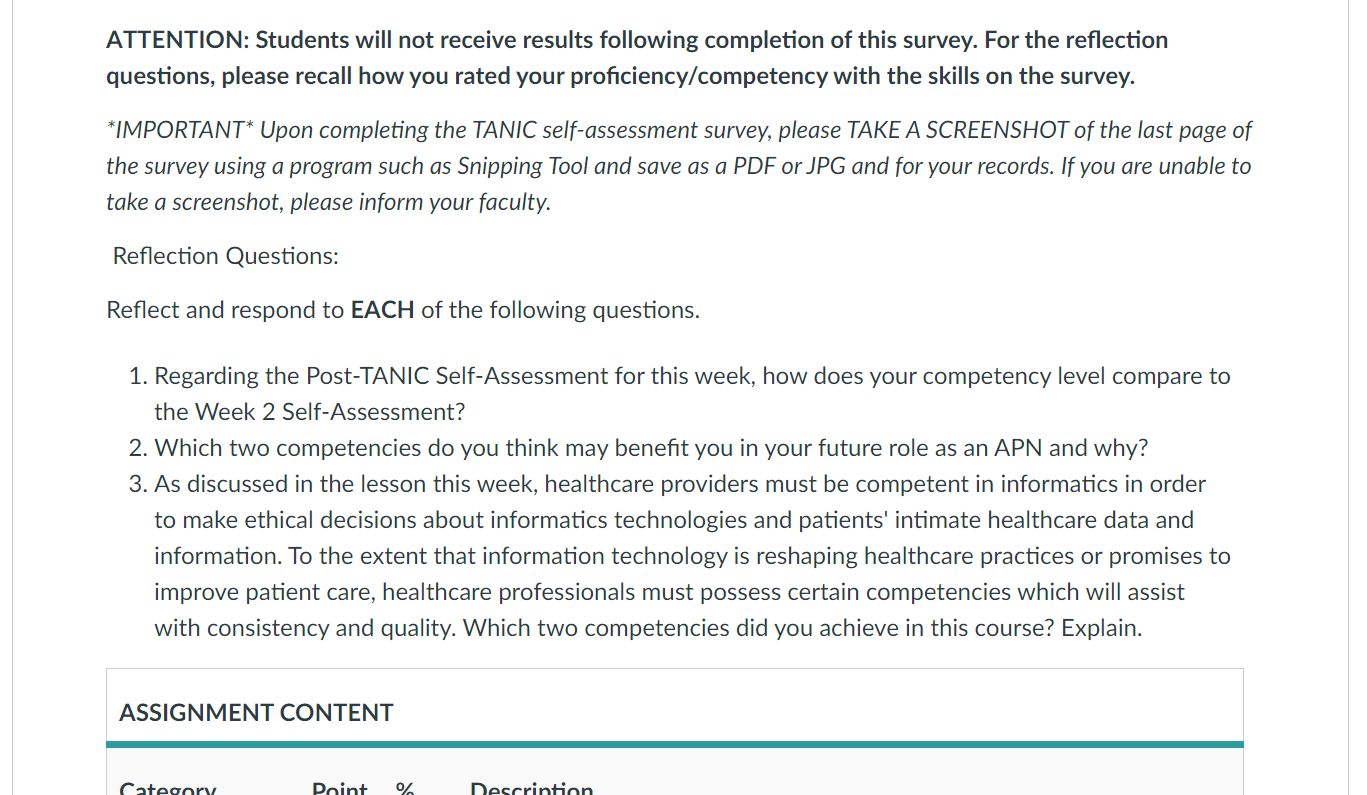 (Solution) NR599 Week 7: Post TANIC Self-Assessment and Reflection Post ...