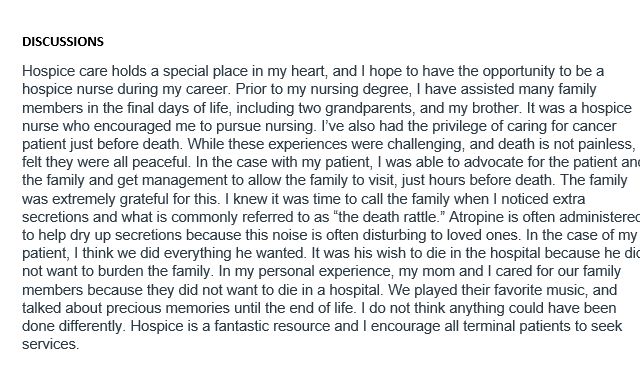 (Solution) NR305 Week 8 Discussion: Reflection on End of Life Care ...