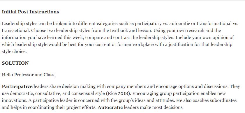 (Solution) BUSN115N Week 5 Discussion: Leadership Styles - Modules Tutorials